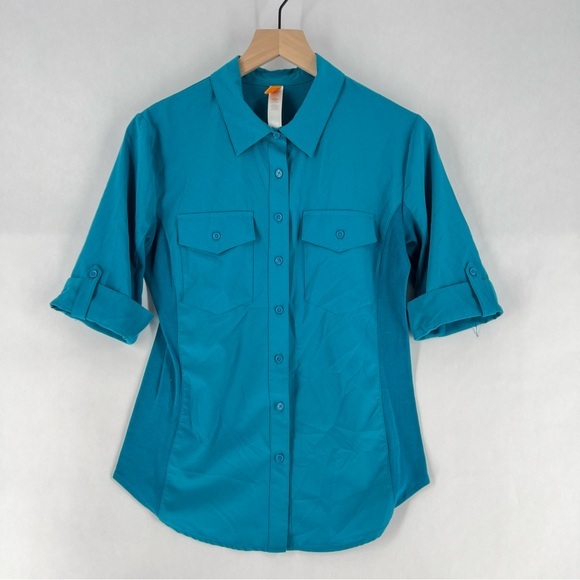 Lucy | Tops | Lucy Stretch Knit Side Panels Woven Button Front Roll Tab ...